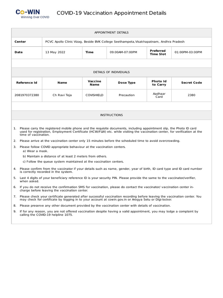 COVID-19 Vaccination Appointment Details: Center Preferred Time Slot ... COVID-19 Vaccination Appointment Details: Center Preferred Time Slot ...
