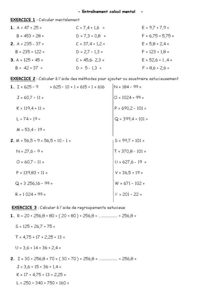 Entrainement Calcul Mental | PDF