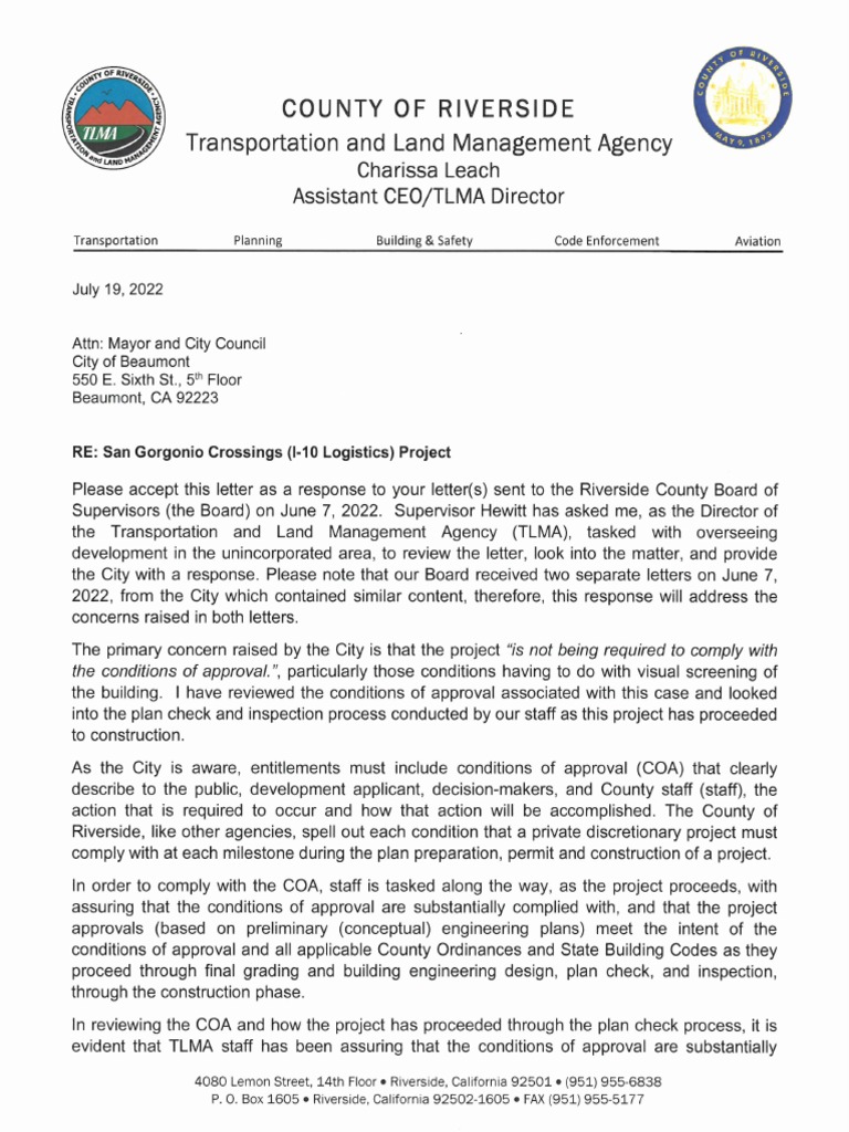 Riverside County Letter To The City of Beaumont Regarding The I-10 ...