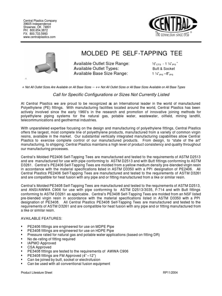 Molded Pe Self-Tapping Tee: Available Outlet Size Range: Available ...