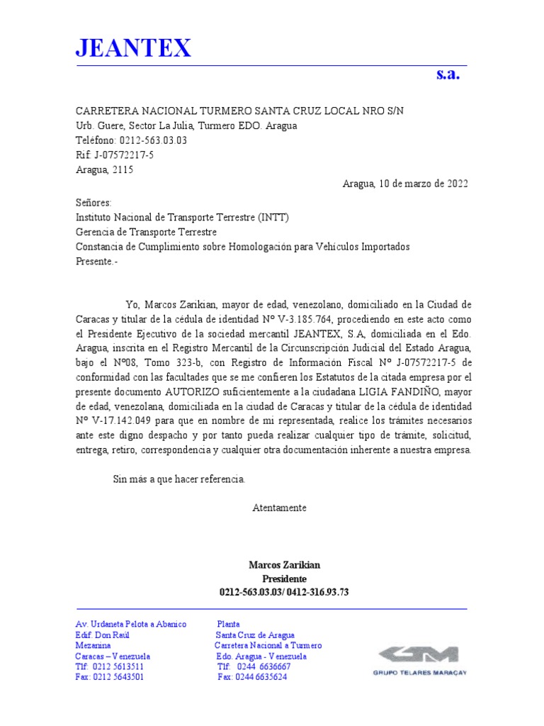 Carta de Autorización INTT | PDF | Venezuela