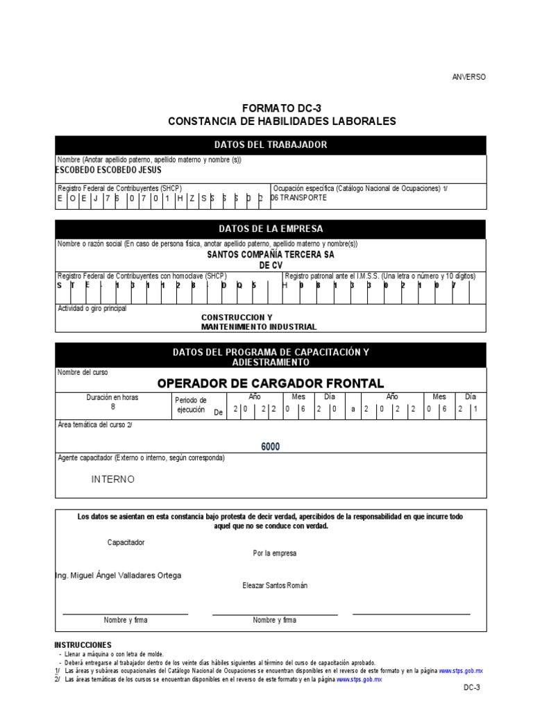 Formato Dc 3 Constancia de Habilidades Laborales CARGADOR FRONTAL | PDF
