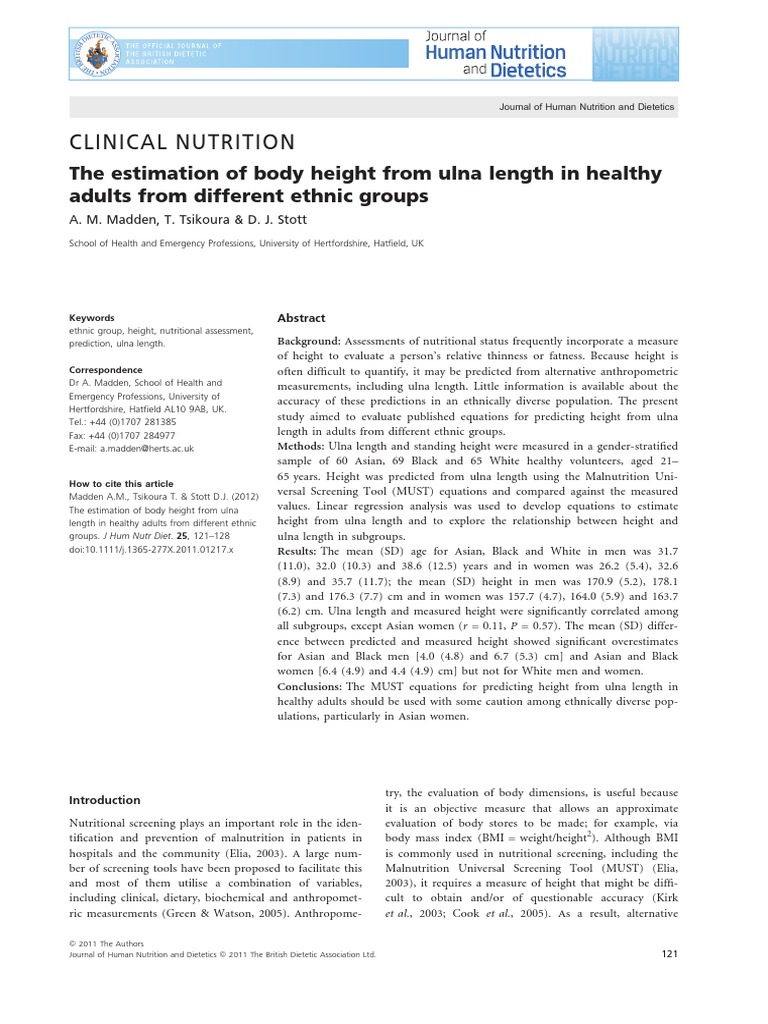 The Estimation of Body Height From Ulna Length in Healthy Adults From ...