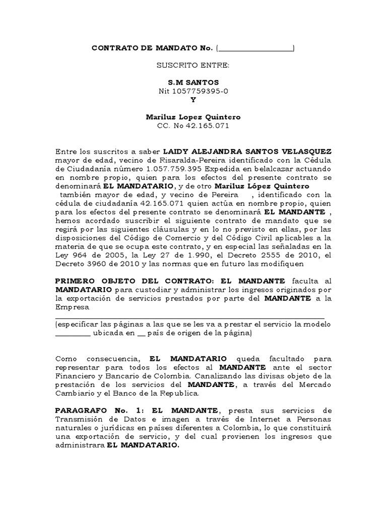 Contrato de Mandato Mariluz Lopez | PDF | Derecho laboral | Bancos