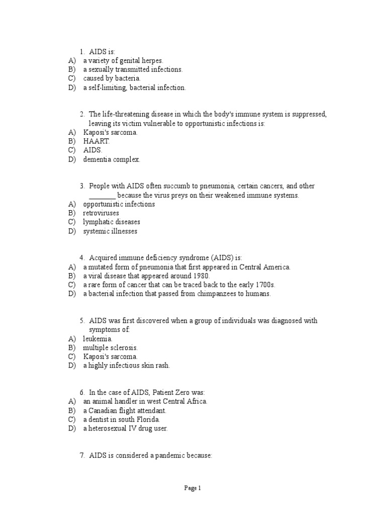 HIV/AIDS MCQ Quiz Questions & Answers | PDF | Hiv/Aids | Management Of ...