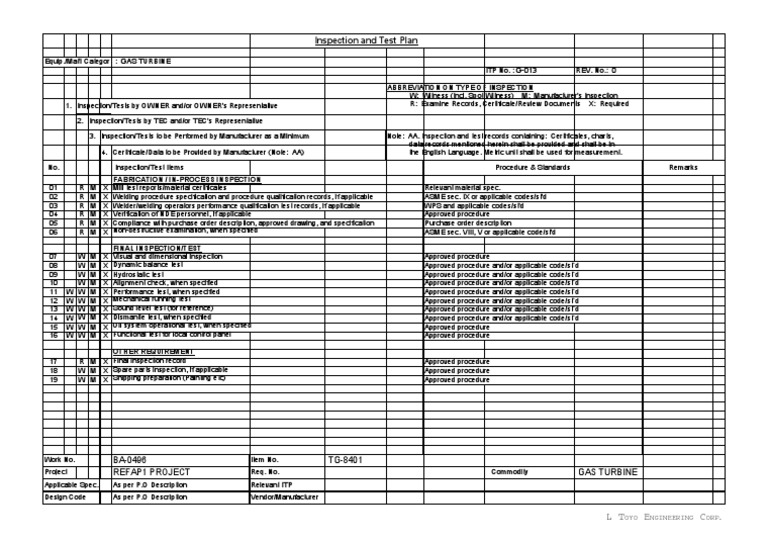 Inspection and Test Plan: Fabrication / In-Process Inspection ...