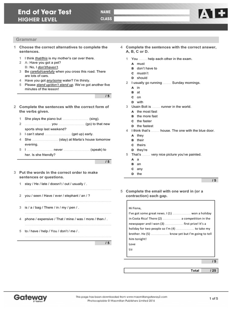 A1+ End of Year Test Higher | PDF