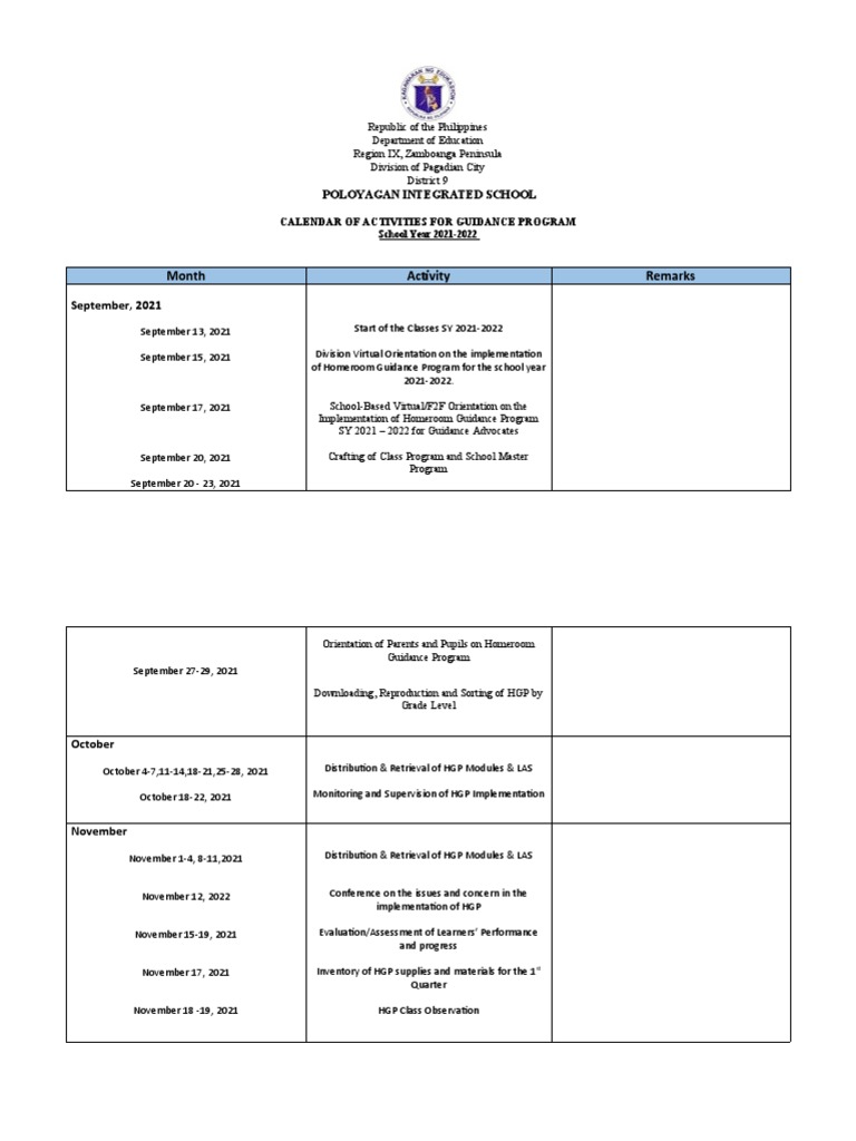HGP Calendar of Activities 2021-2022 | PDF