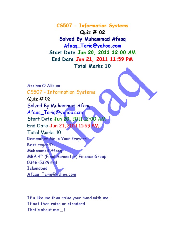 CS507 Information Systems Quiz Solutions | PDF | Object (Computer Science) | Computer Security