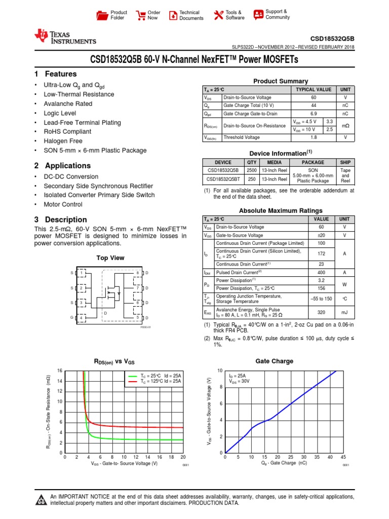 Csd18532Q5B 60-V N-Channel Nexfet™ Power Mosfets: 1 Features | PDF ...