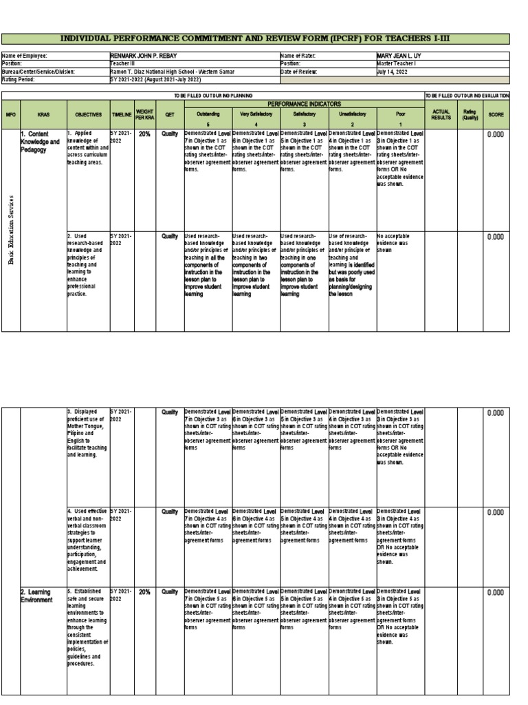 Individual Performance Commitment and Review Form (Ipcrf) For Teachers I-Iii | PDF | Goal | Learning