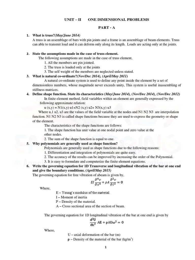 Unit - Ii One Dimensional Problems Part - A | PDF | Truss | Mathematics