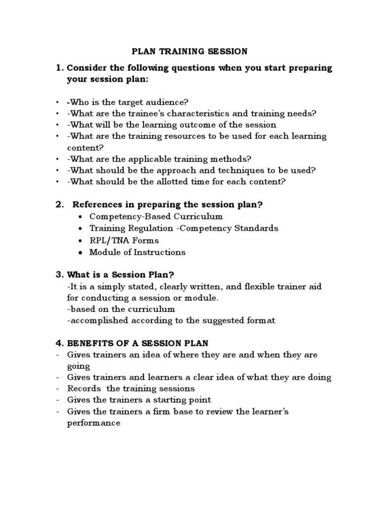 Plan Training Session 1. Consider The Following Questions When You ...