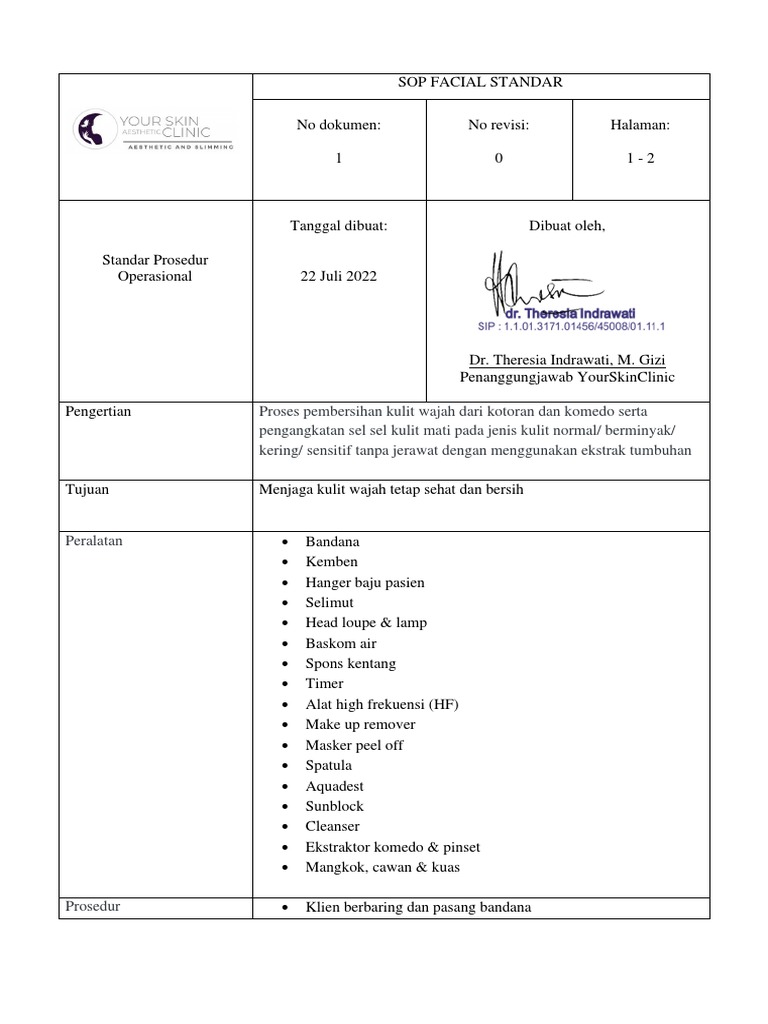 SOP Facial Standard | PDF