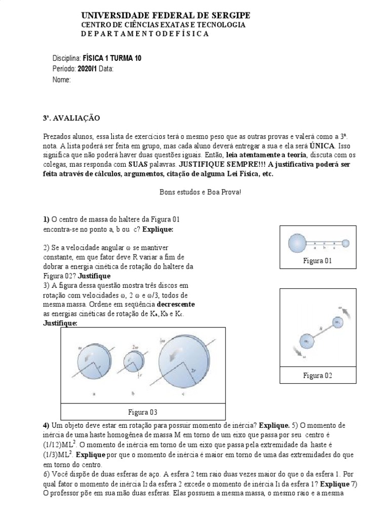3a Avaliacao FISICA 1 | PDF | Torque | Massa