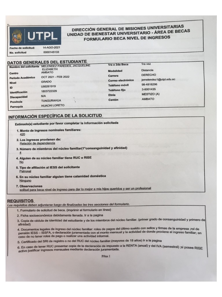 Solicitud Utpl Melendez | PDF