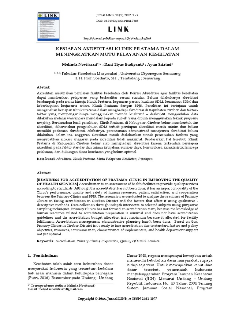 Kesiapan Akreditasi Klinik Pratama Dalam Meningkat Pdf