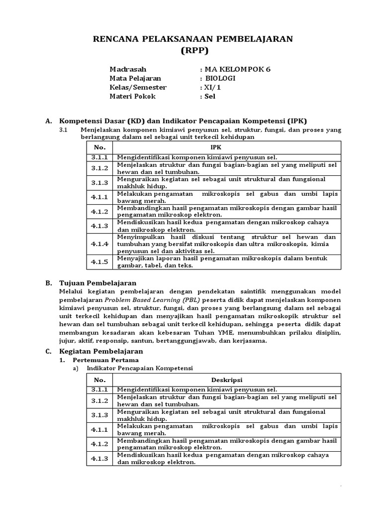 RPP - Sel - Kelas - XI - KELOMPOK 6 | PDF