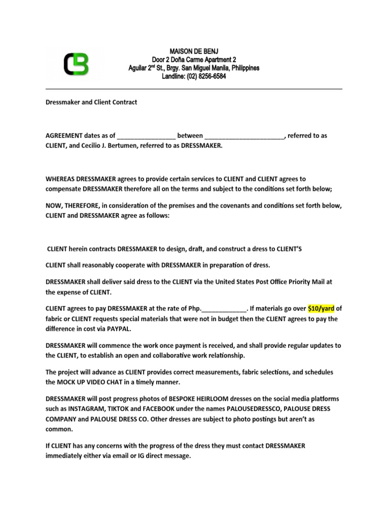 A Contract for Custom Dressmaking Services between a Dressmaker and ...