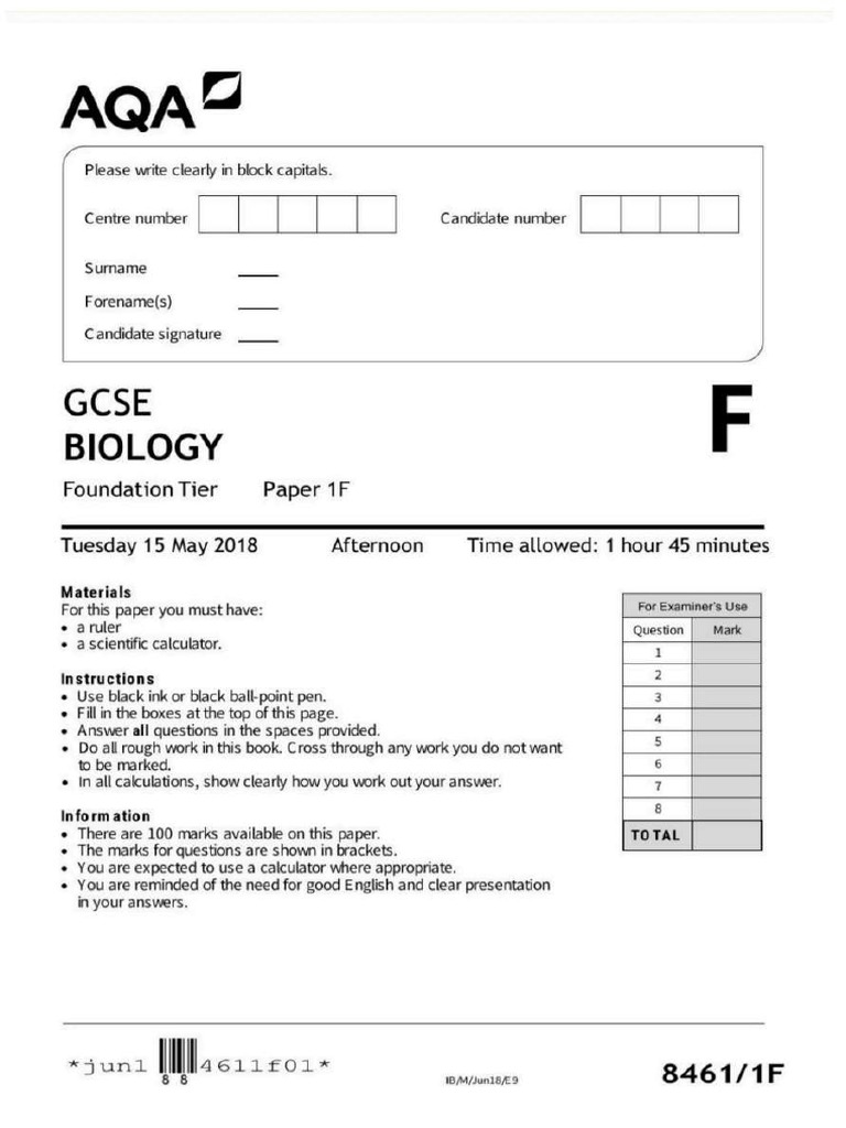 AQA GCSE Biology Past Paper | PDF