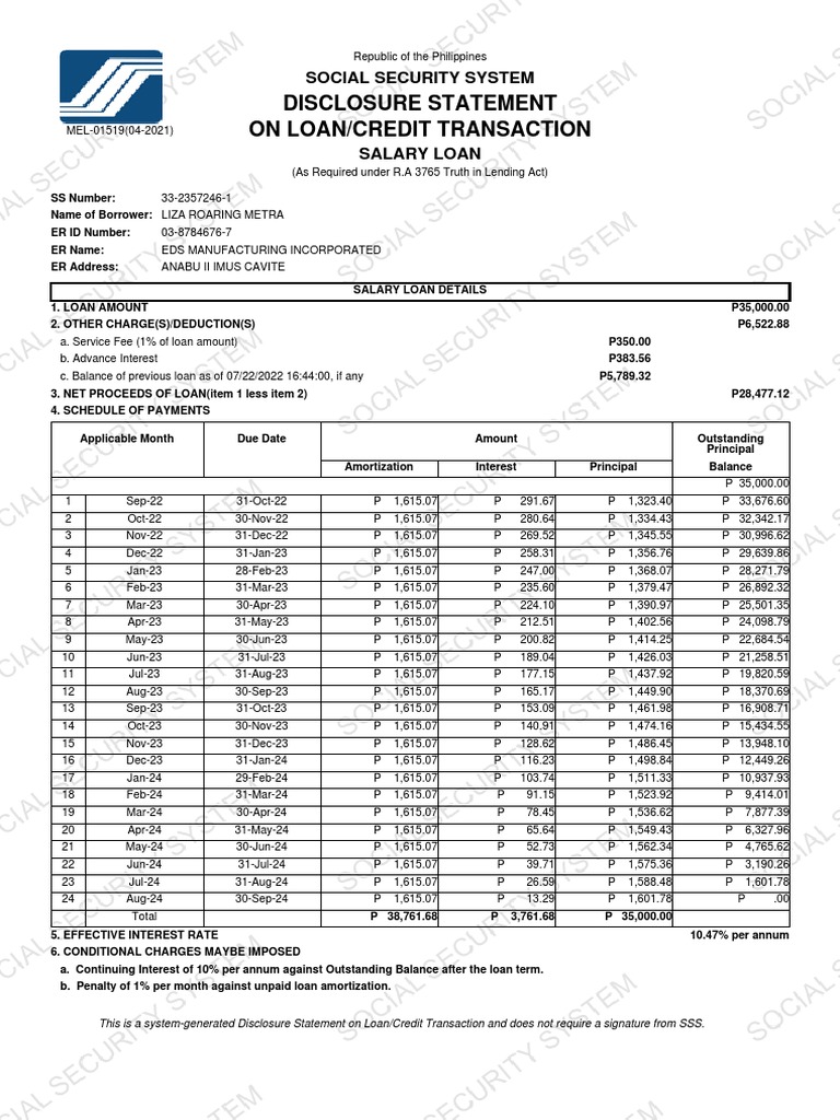 Disclosure Statement On Loan/Credit Transaction: Social Security System | PDF | Loans | Interest