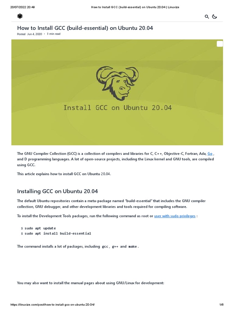 How To Install GCC (Build-Essential) On Ubuntu 20.04 - Linuxize | PDF | Compiler | Linux