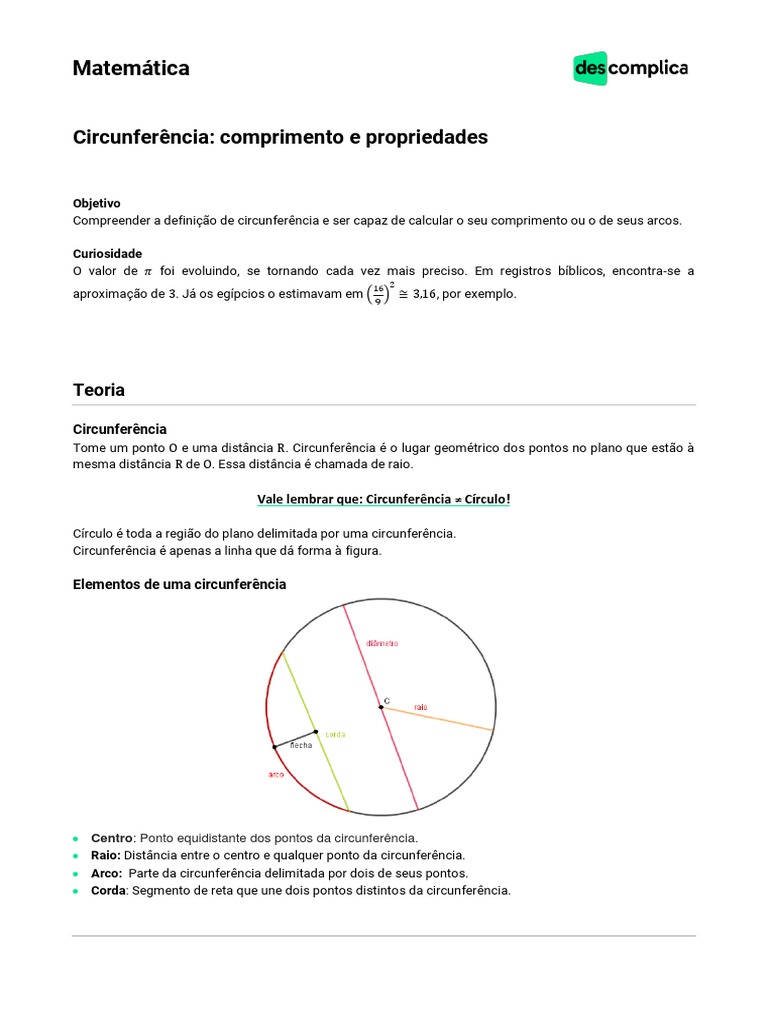 Circunferência Comprimento e Propriedades | PDF | Círculo | Curva