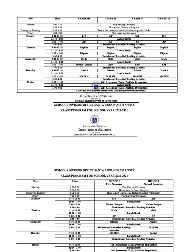 Class Schedule for Grades I-VI 2020-2021 | PDF | Educational ...