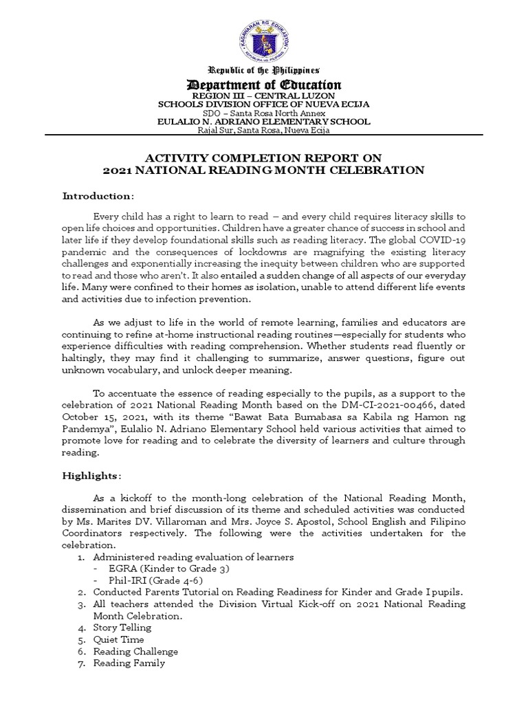 2021 National Reading Month Report | PDF | Literacy | Pedagogy