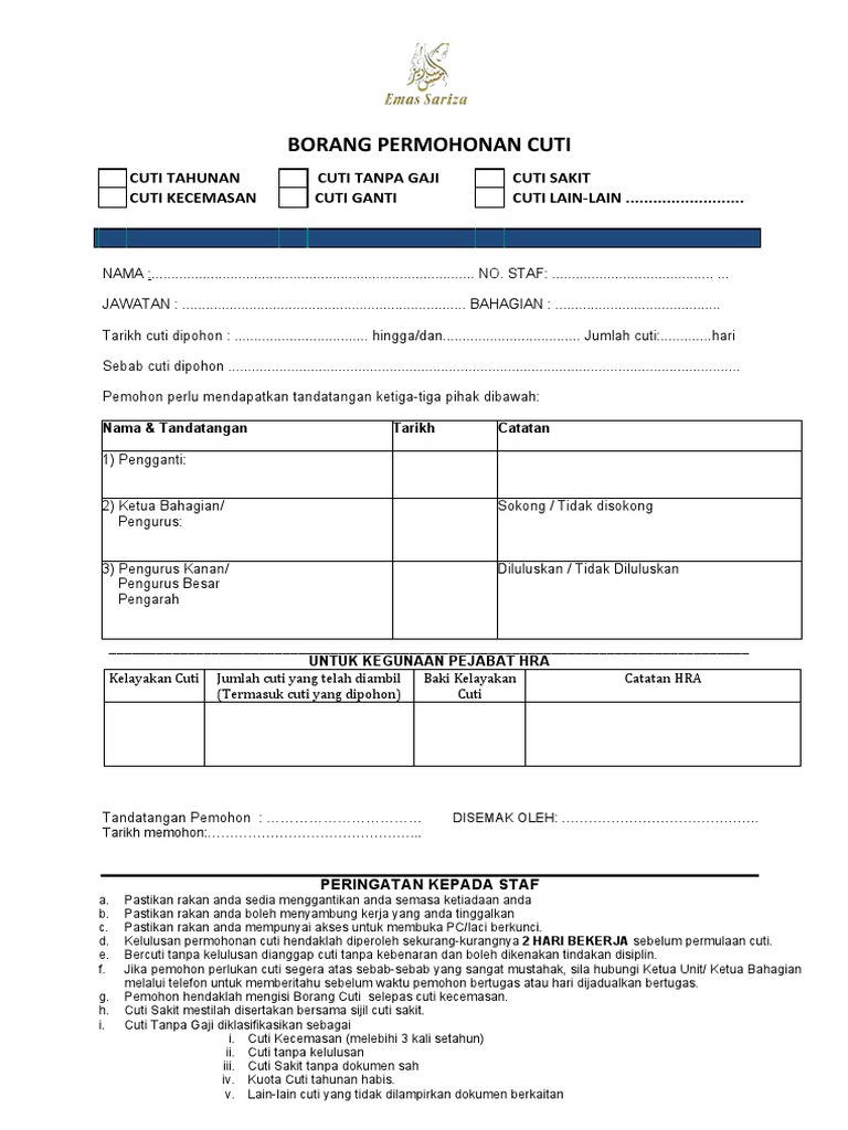 1 - Contoh Borang Permohonan Cuti | PDF