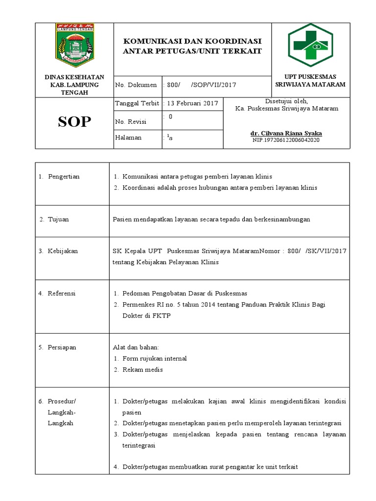 SOP Komunikasi Dan Koordinasi Antar Petugas Atau Unit Terkait 1 | PDF