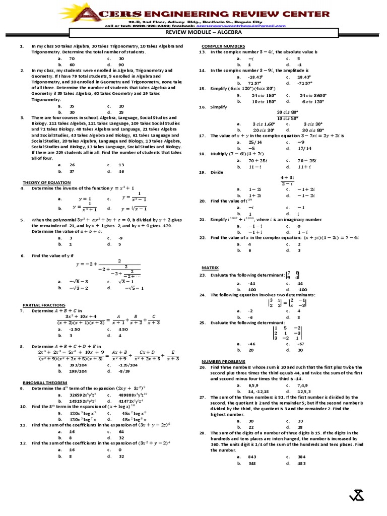 Review Module - Algebra: Complex Numbers | PDF | Pound (Mass) | Determinant