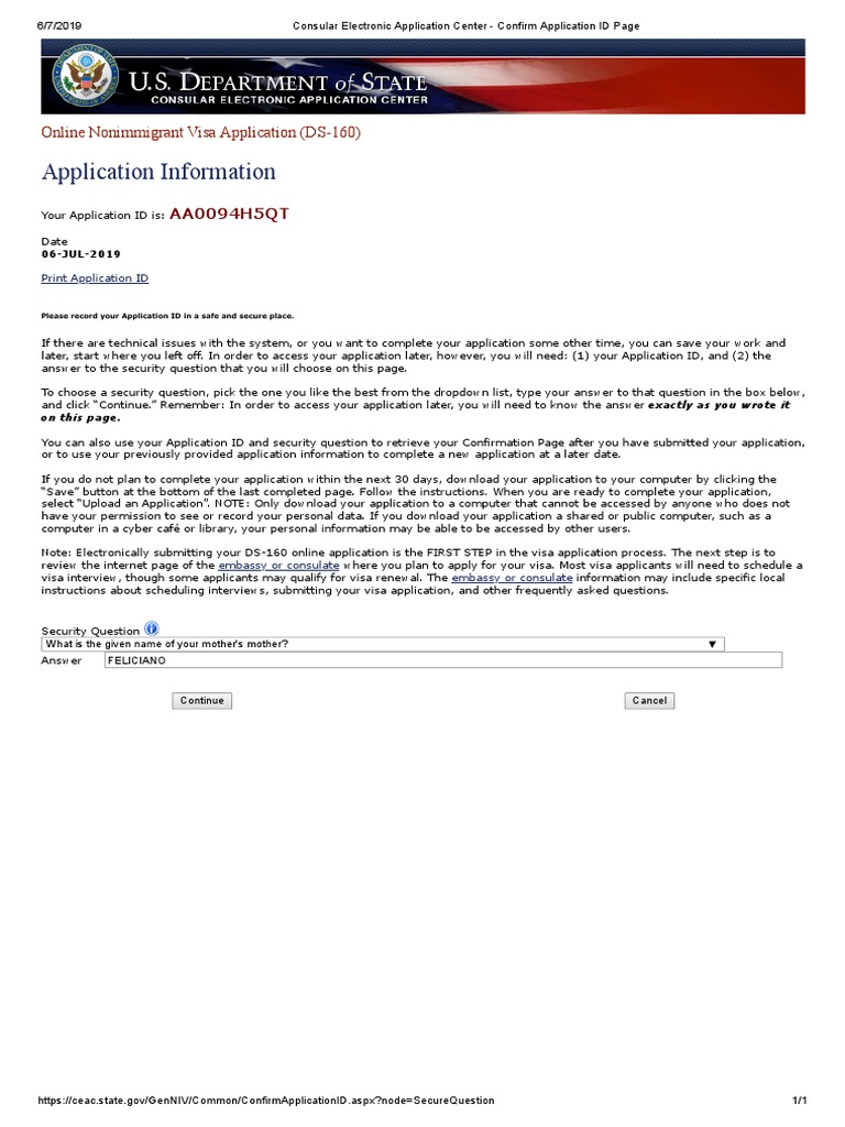 DS-160 Application ID Confirmation | PDF | Travel Visa | Application ...