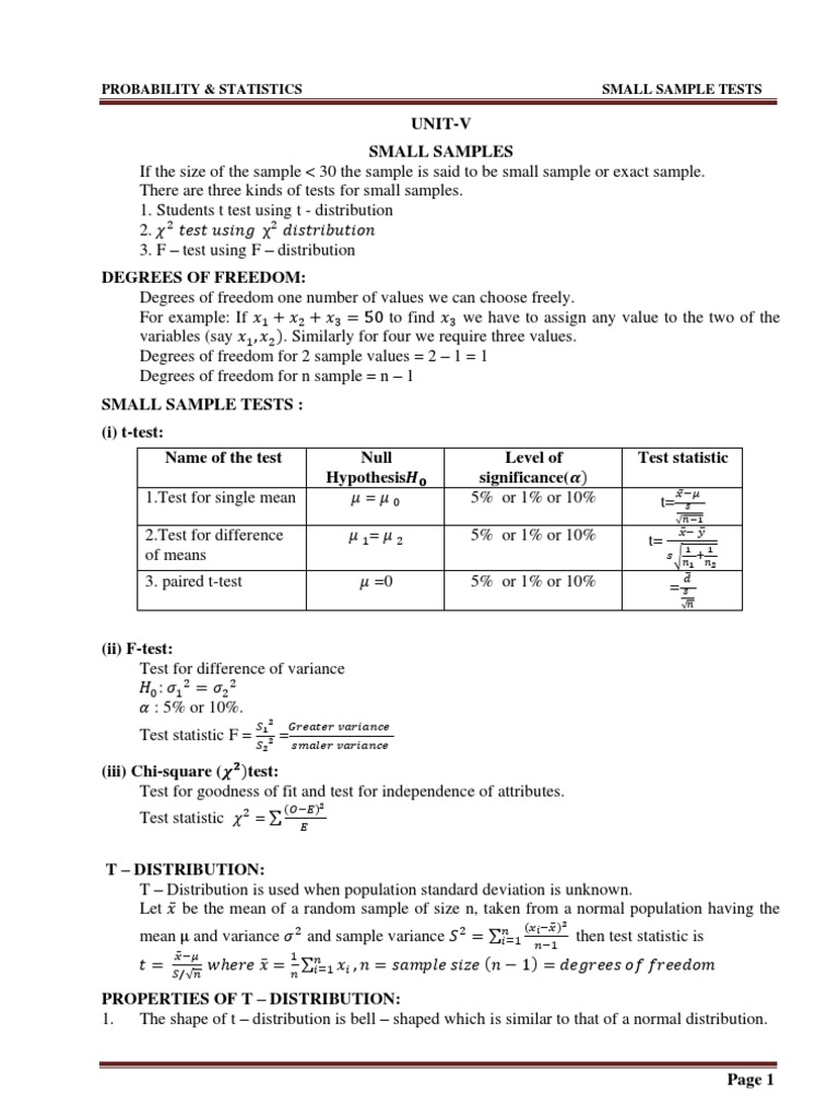 Unit V Small Sample Tests | PDF | Statistical Significance ...