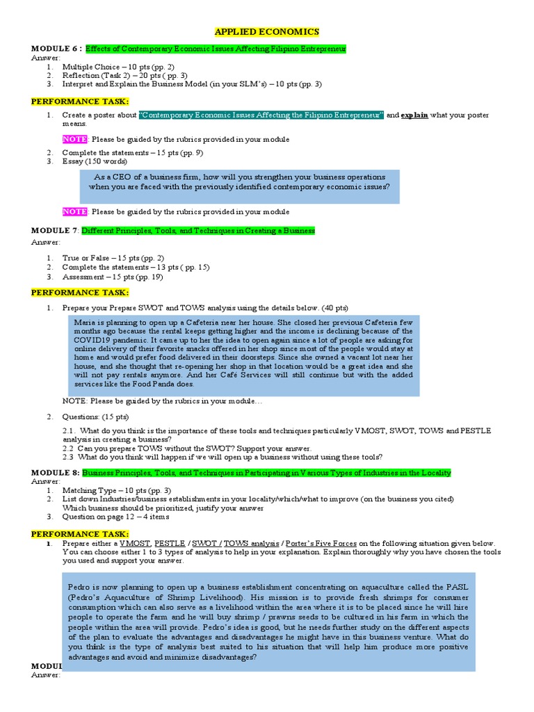 Applied Economics Activity Sheet Module 6 9 2021 2022 | PDF | Economies ...