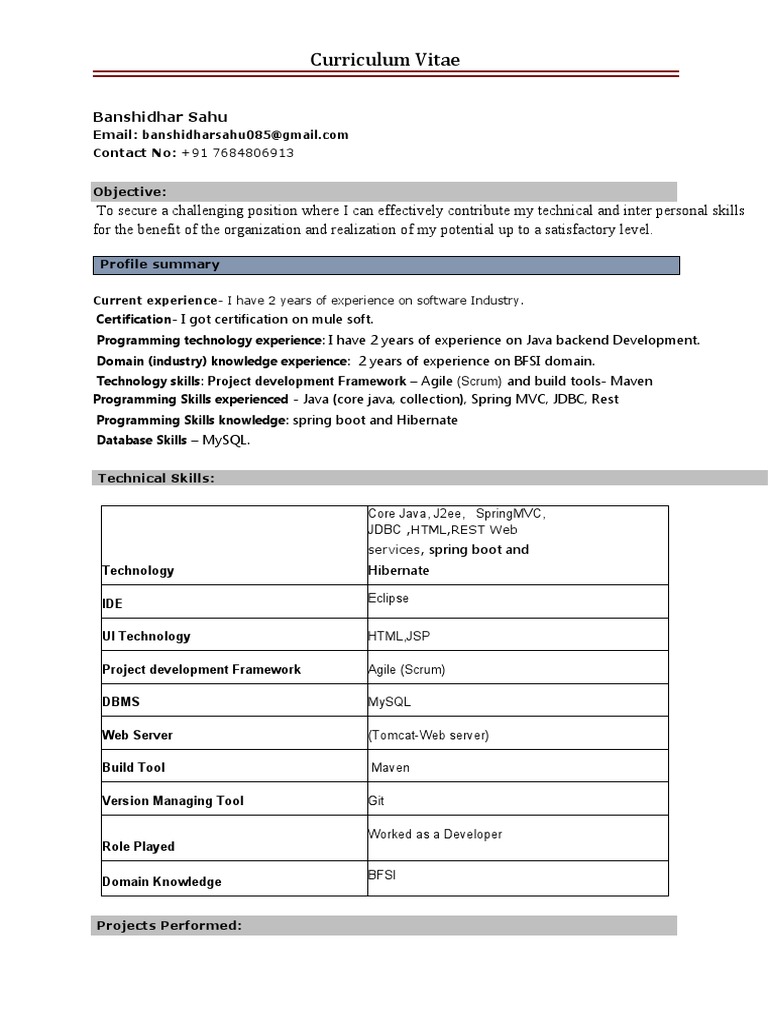 Curriculum Vitae: Banshidhar Sahu | PDF | Spring Framework | Java (Programming Language)