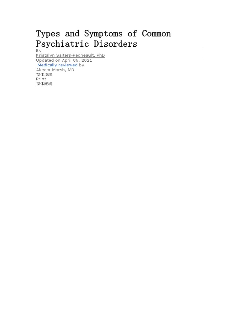 Types and Symptoms of Common Psychiatric Disorders | PDF | Mental ...