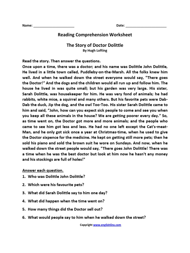 Doctor Dolittle: Class 4 Worksheet | PDF | Pet | Animals And Humans