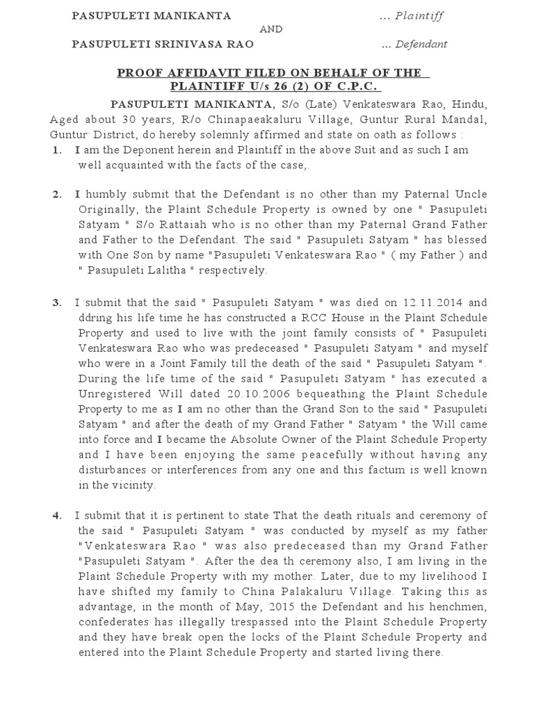 Proof Affidavit Filed On Behalf of The PLAINTIFF U/s 26 (2) OF C.P.C ...