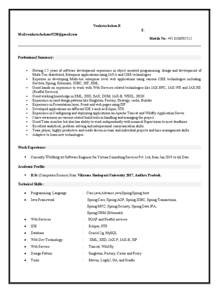 Venkatachalamr5228: Venkatachalam.R E-Mail: Mobile No: +91 8106905512 | PDF | Spring Framework ...