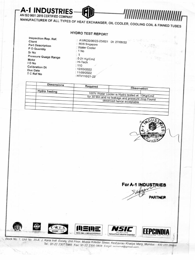 Hydrotest Report ROS | PDF