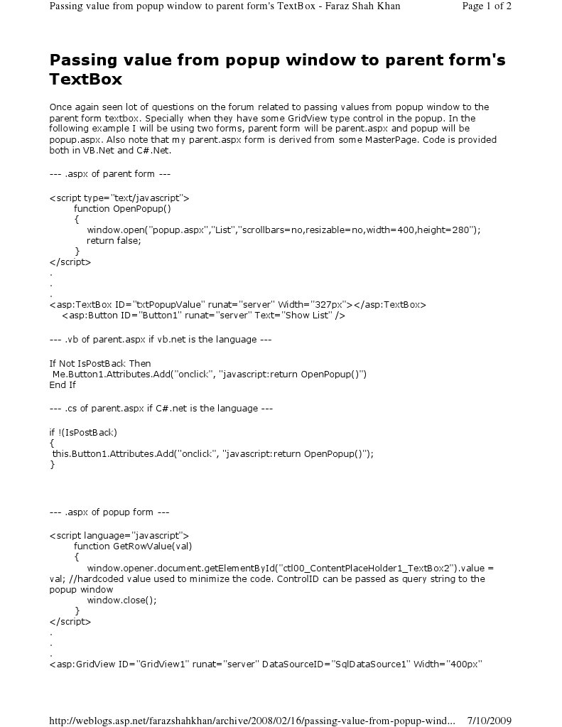Passing Value From Popup Window To Parent Form TextBox | PDF | Java Script | C Sharp ...
