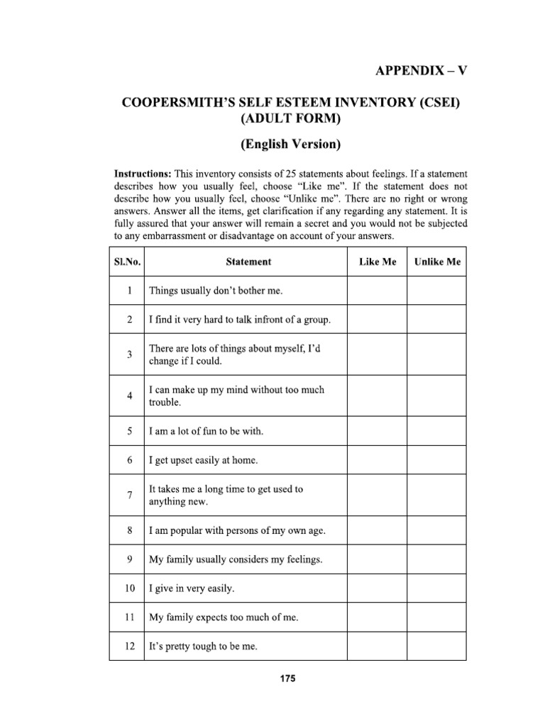 Self Esteem Inventory Scale From Thesis | PDF