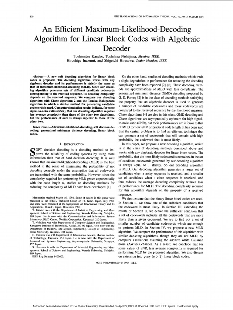 An Effiective MLD Algorithm For Linear Block Codes With Algebraic ...