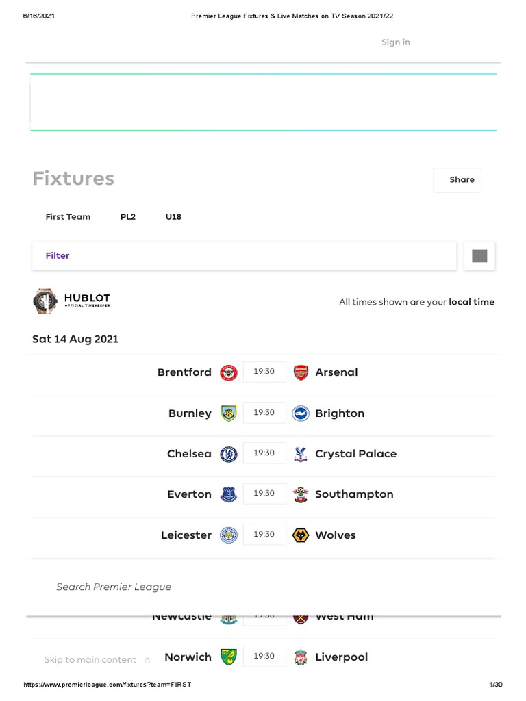 Premier League Fixtures Live Matches On TV Season 2021 - 22 | PDF ...