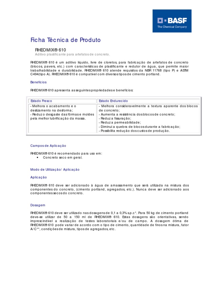 Rheomix® 610 | PDF | Embalagem e rotulagem | Cimento