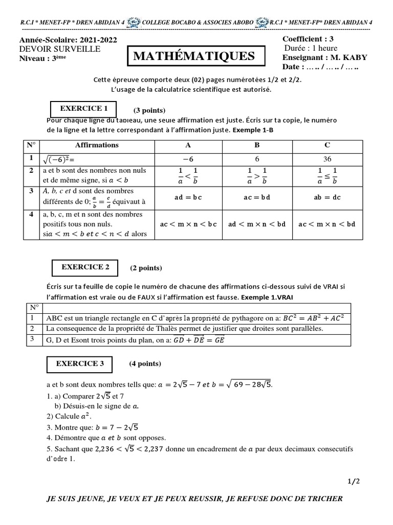 Épreuve de Maths 3ème 2021-2022 | PDF | Triangle | Géométrie euclidienne