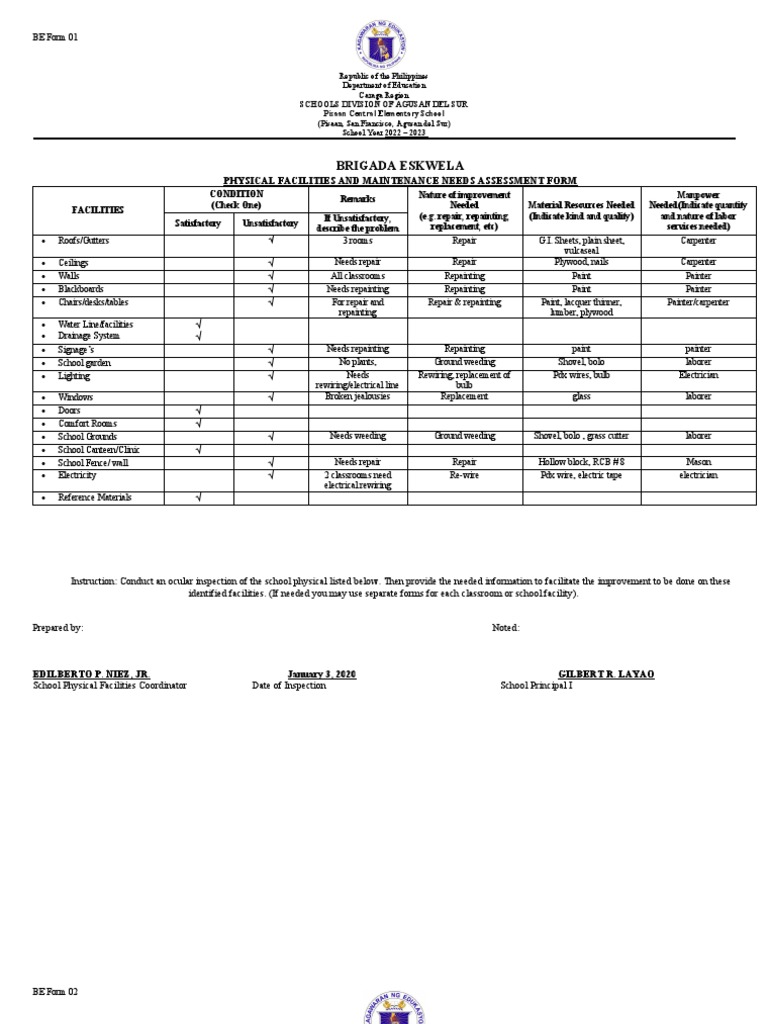 Brigada Eskwela Needs Assessment Form | PDF