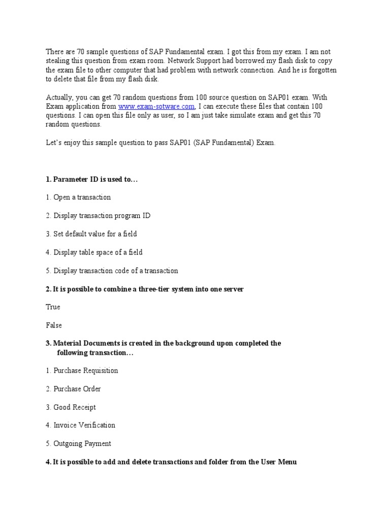 There Are 70 Sample Questions of SAP Fundamental Exam 2003 | PDF ...