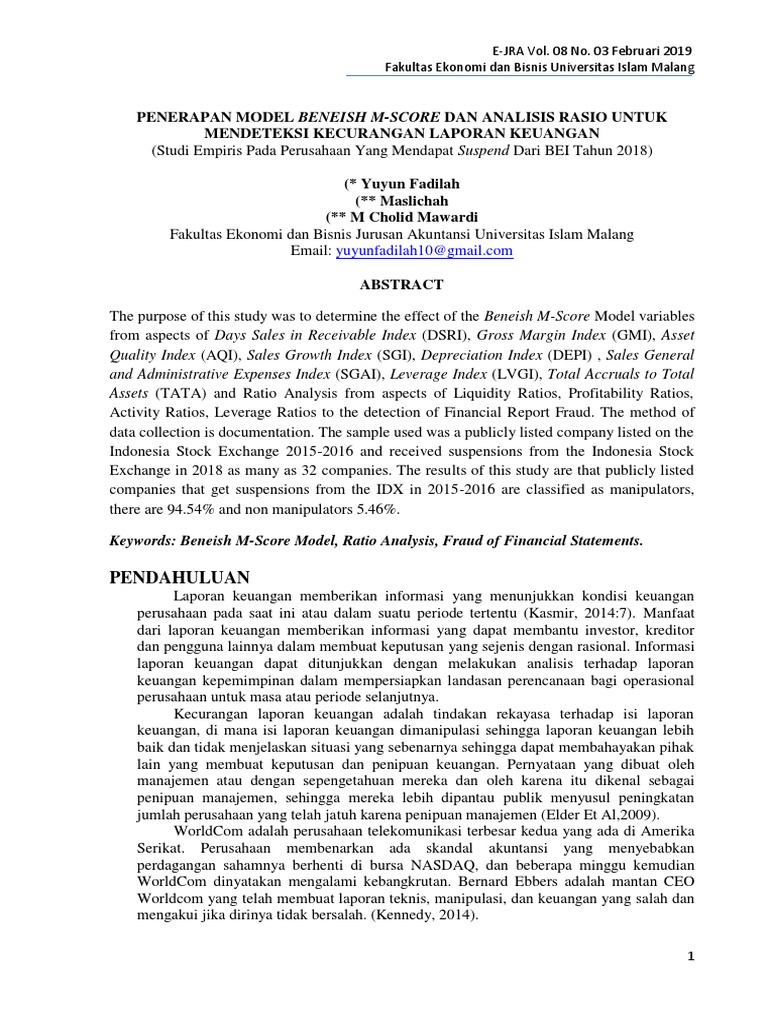 Penerapan Model Beneish M-Score Dan Analisis Rasio Untuk | PDF